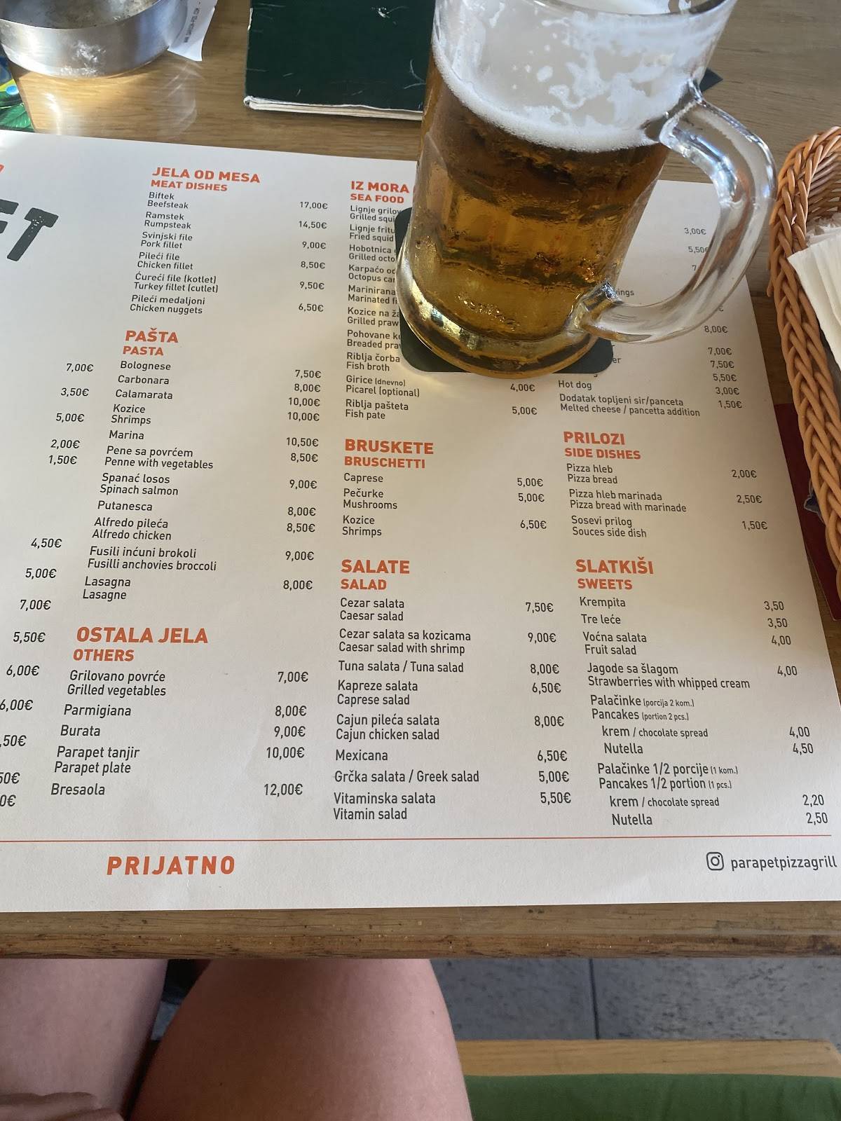 Menu at Parapet Pizza & Grill restaurant, Bar