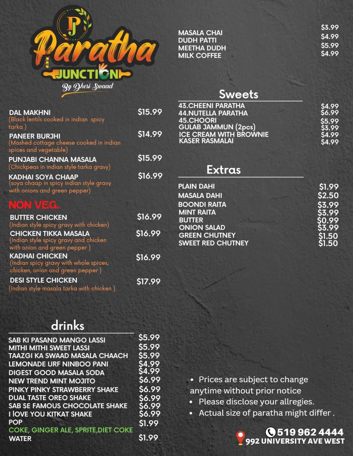 Menu at Paratha Junction restaurant, Windsor