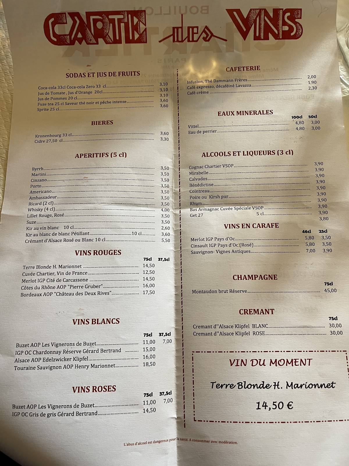 Menu at Bouillon Chartier restaurant, Paris, 59 Bd du Montparnasse