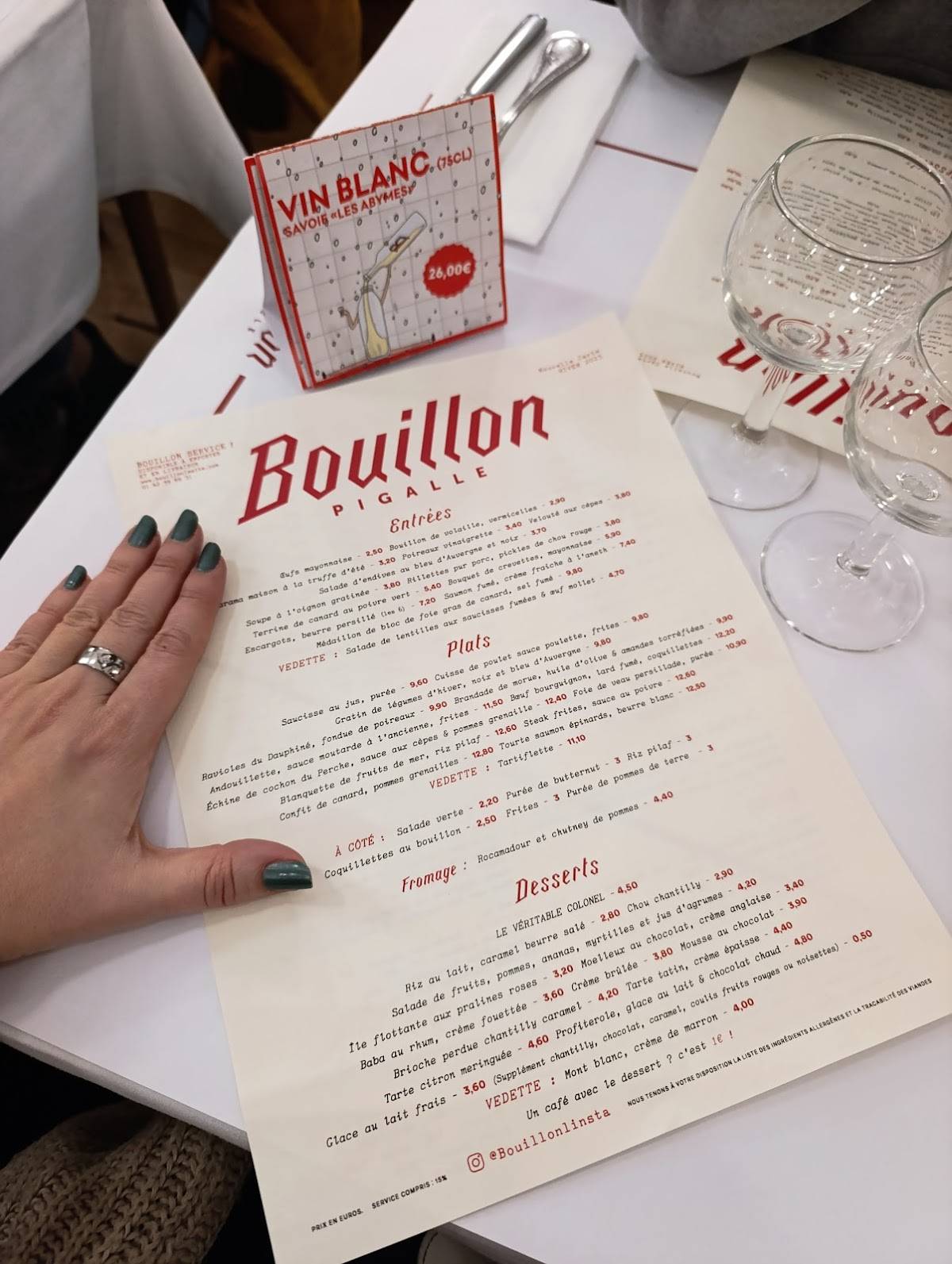 Menu at Bouillon Pigalle restaurant, Paris