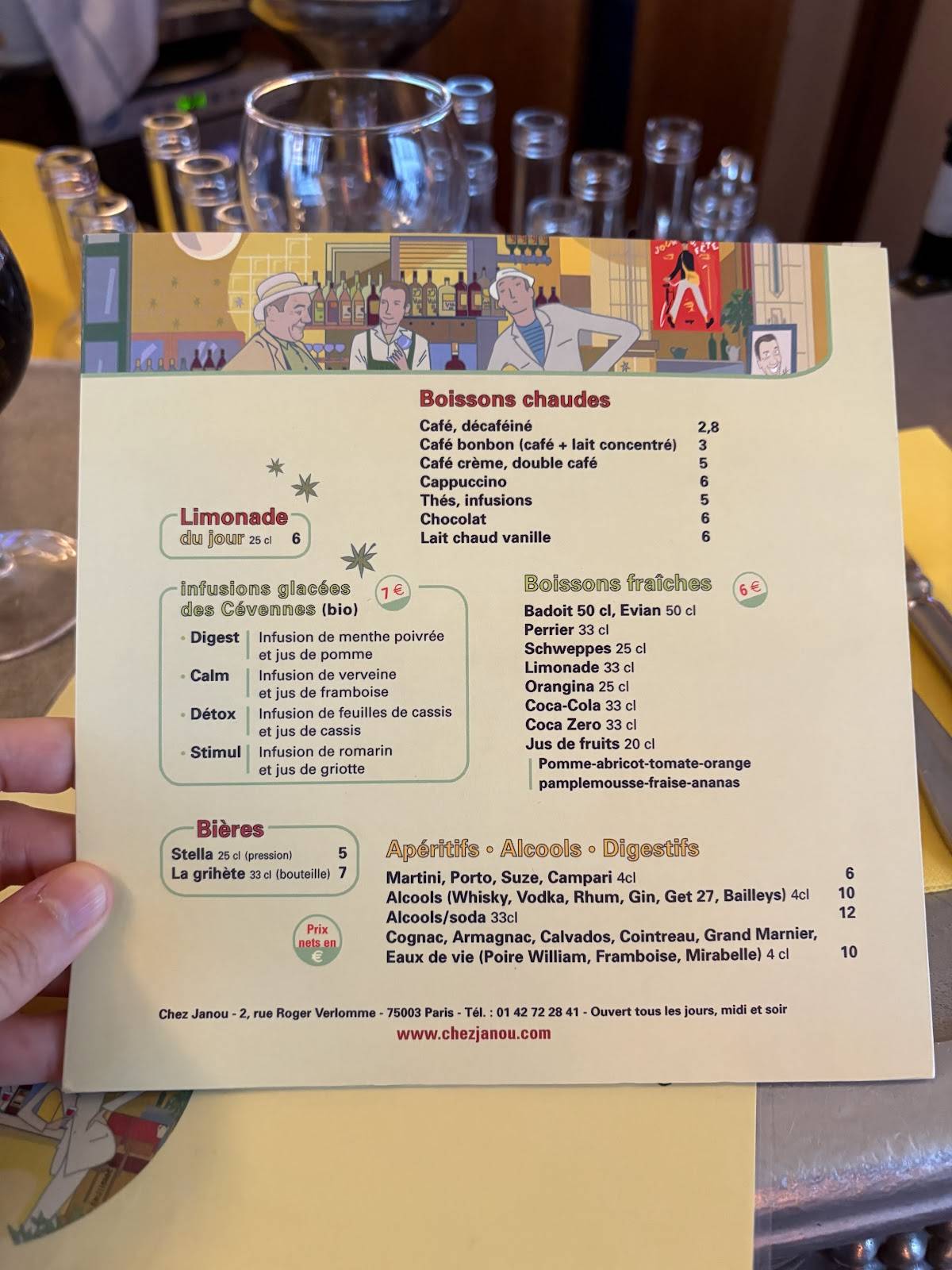 Menu at Chez Janou restaurant, Paris, 2 Rue Roger Verlomme