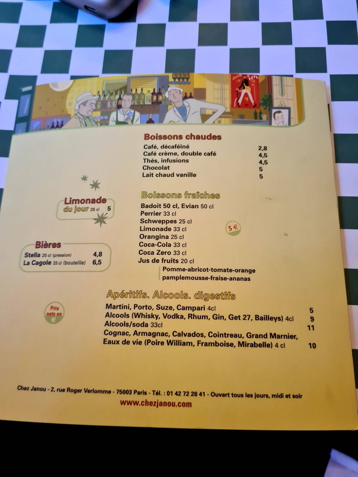 Menu at Chez Janou restaurant, Paris, 2 Rue Roger Verlomme