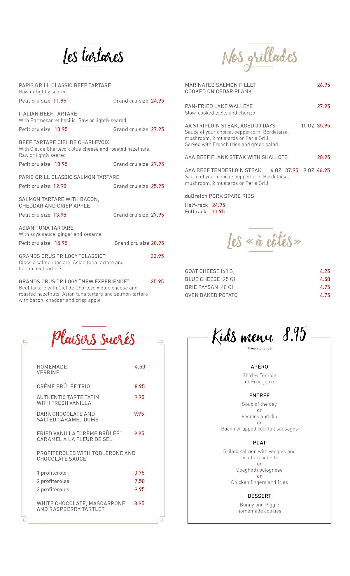 Menu au Paris Grill restaurant à viande, Québec, Bd Laurier
