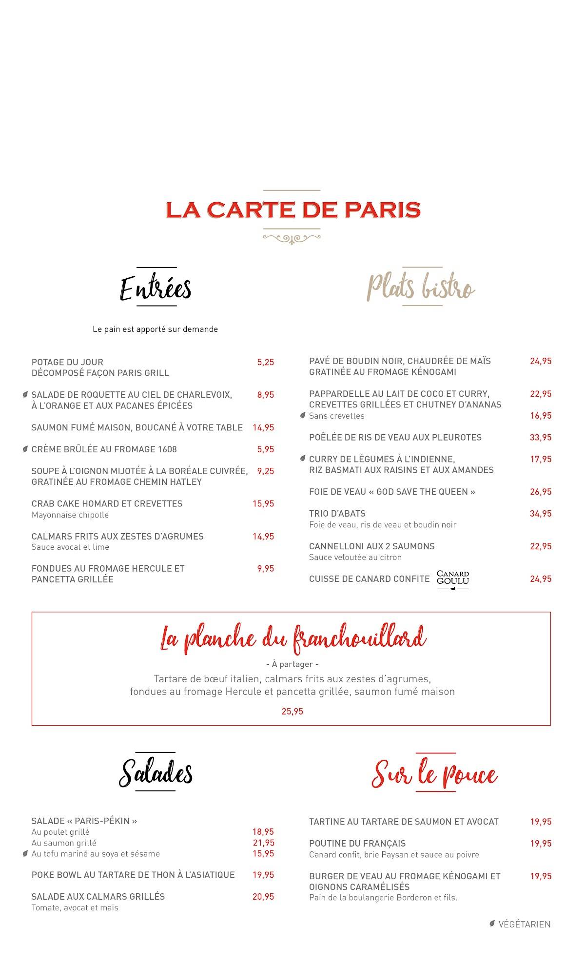 Menu au Paris Grill restaurant à viande, Québec, Bd Laurier