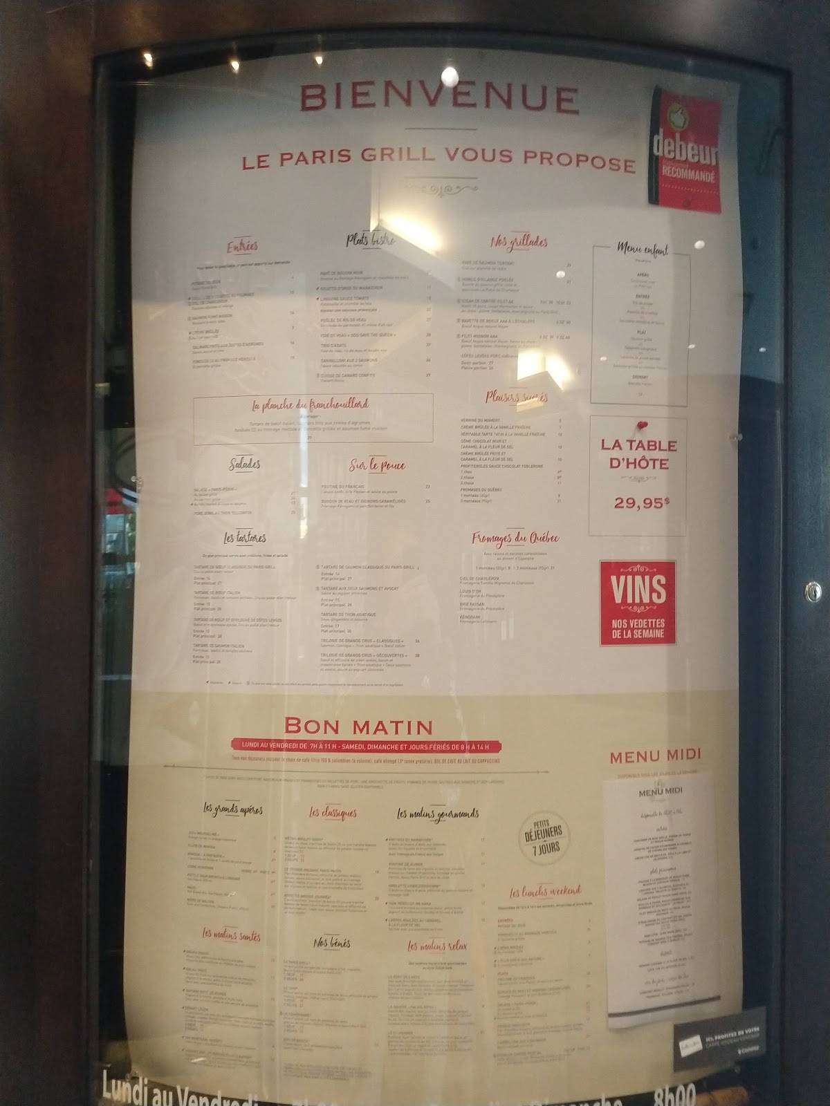 Menu au Paris Grill restaurant à viande, Québec, Bd Laurier