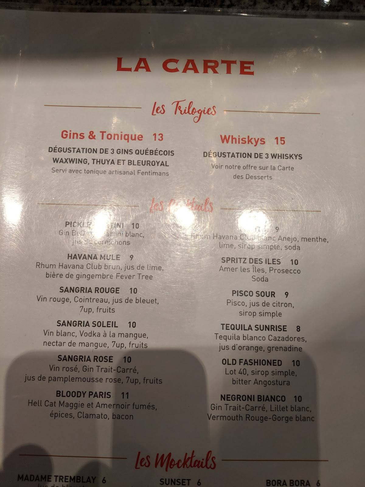 Menu au Paris Grill restaurant à viande, Québec, Bd Laurier