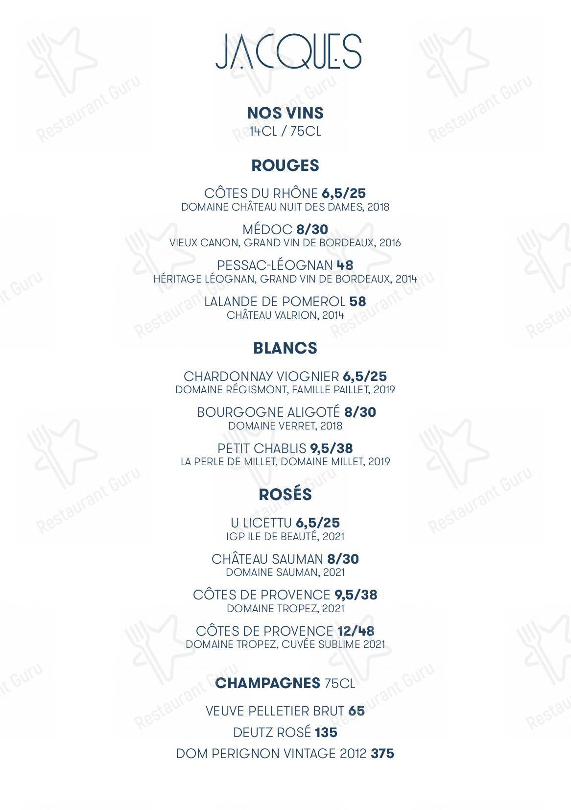 Carta del restaurante JACQUES, Paris, 129 Av. Victor Hugo