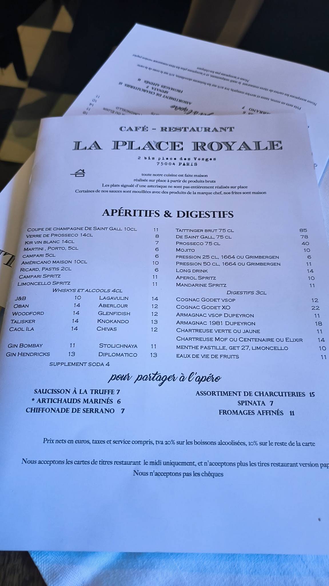 Menu au La Place Royale restaurant, Paris, 2 Bis Pl. des Vosges