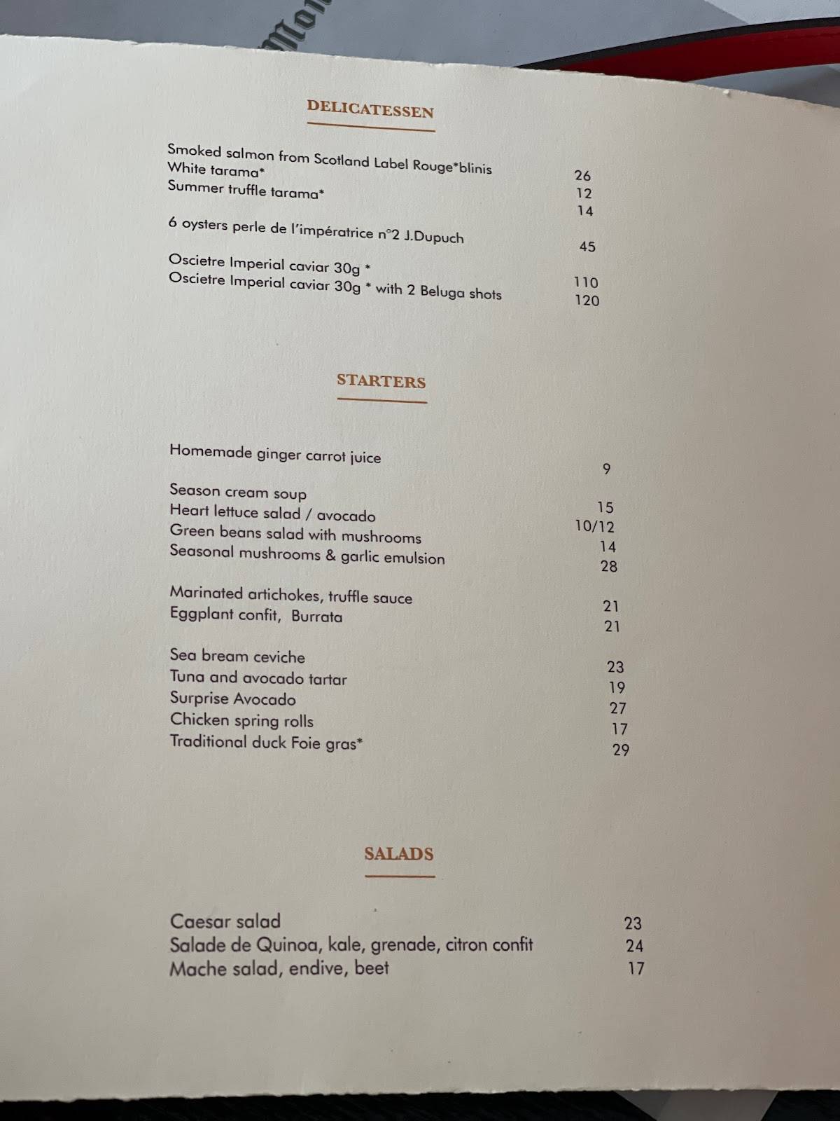 Menu at Le Café Marly, Paris, 93 Rue de Rivoli