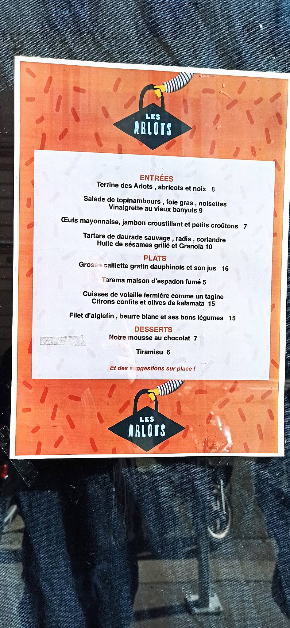 Menu at Les Arlots restaurant, Paris, 136 Rue du Faubourg Poissonnière