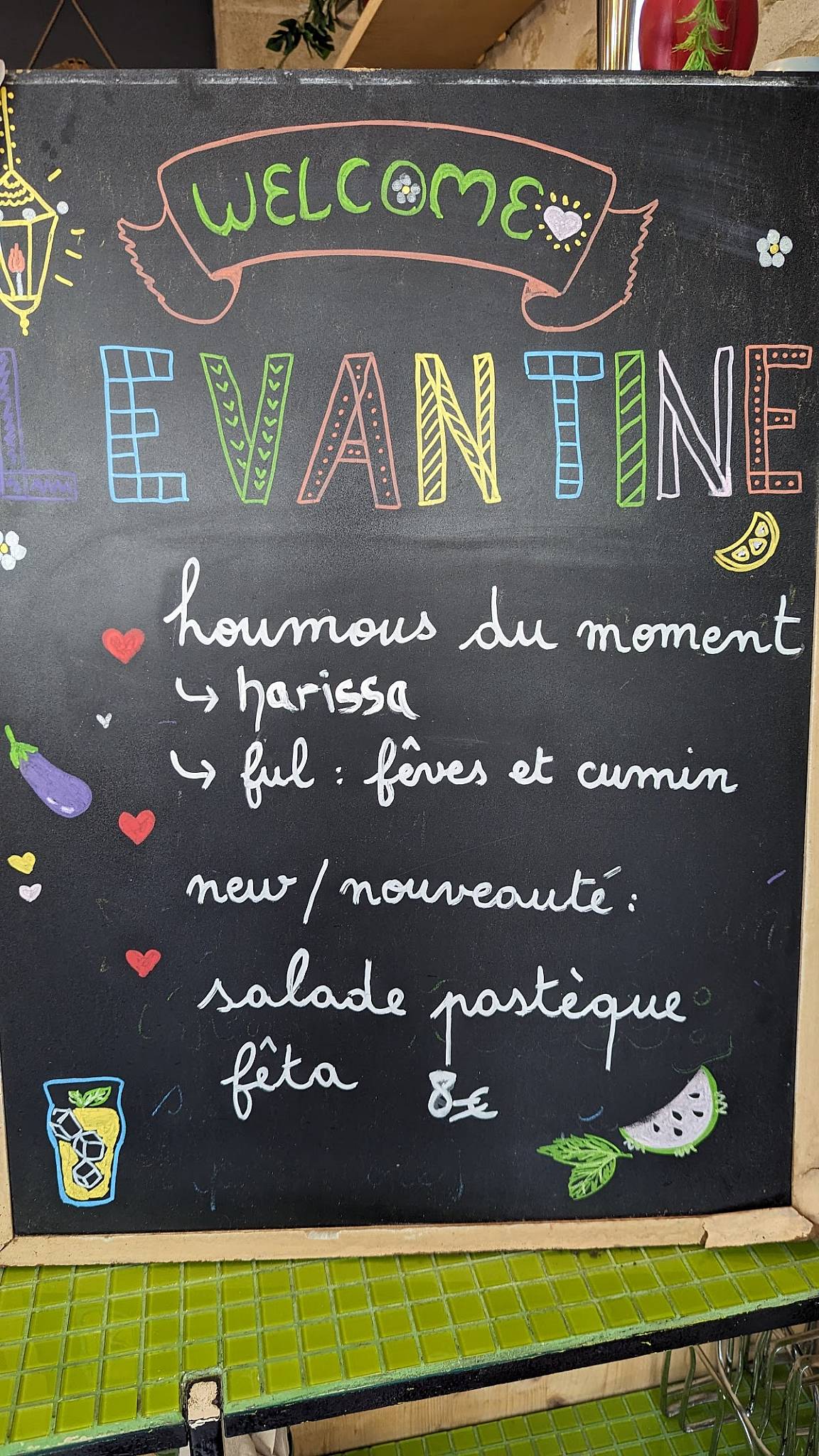 Menu at Levantine restaurant, Paris, 36 Rue Bichat