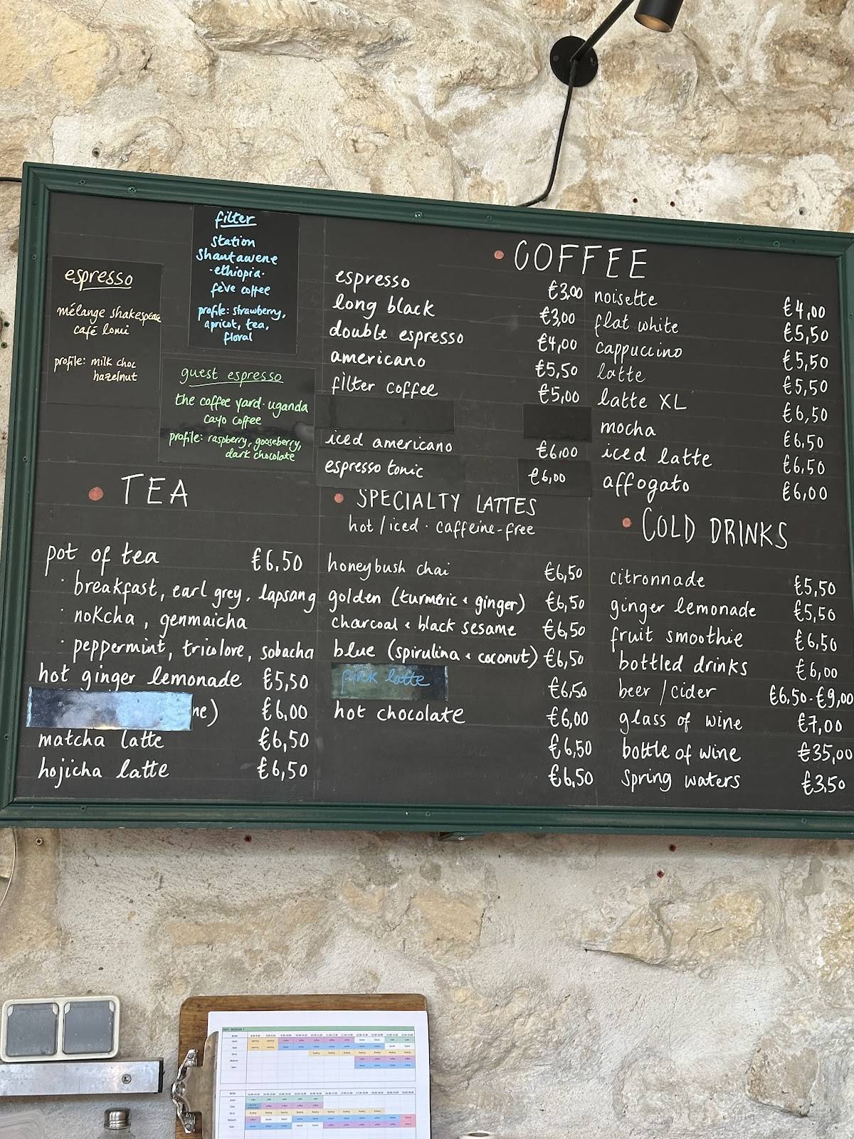 Menu at Shakespeare and Company Café, Paris