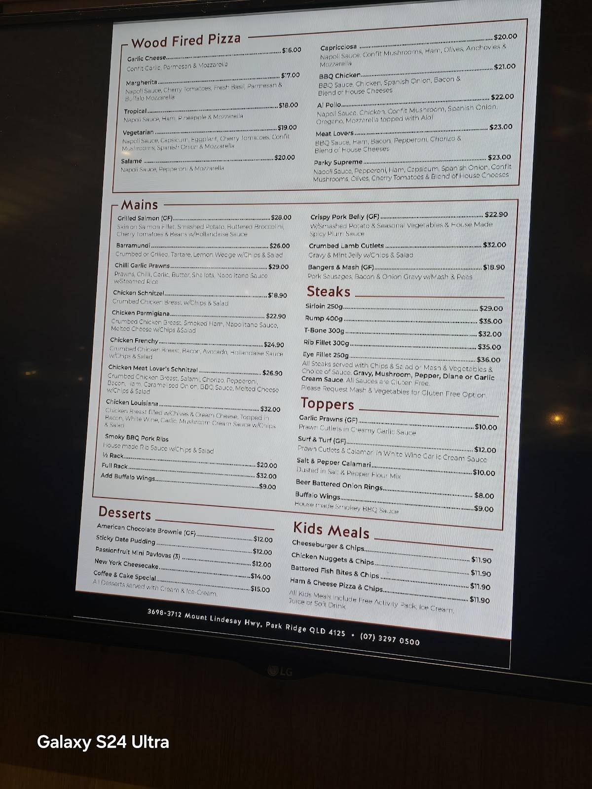 Menu at Park Ridge Tavern pub & bar, Park Ridge, -3712 Mount Lindesay Hwy
