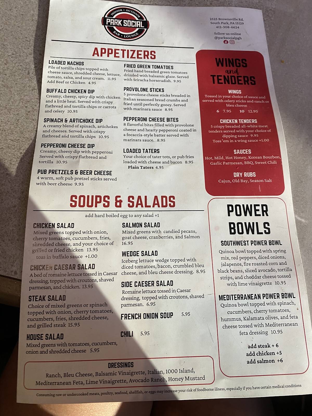 Menu at Park Social Bar, South Park Township