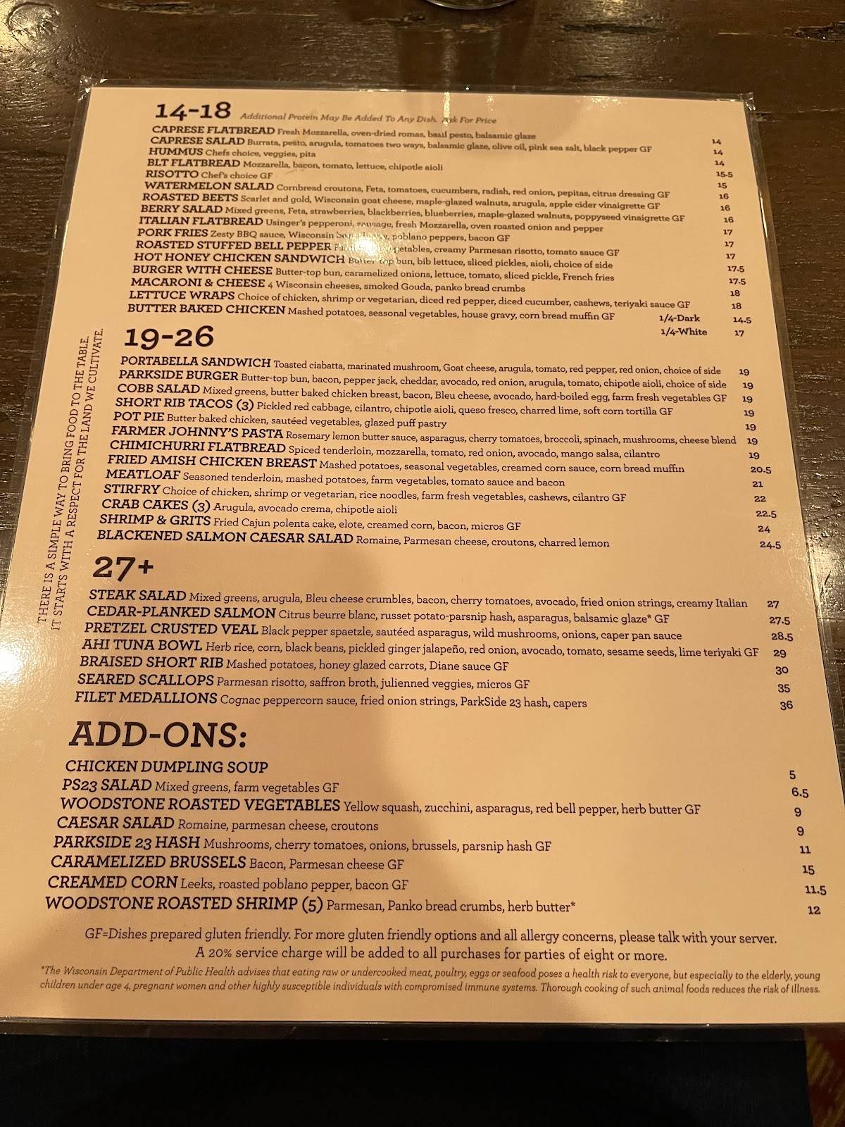 Menu at ParkSide 23 restaurant, Brookfield