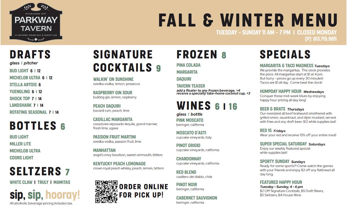 Menu at Parkway Tavern restaurant, Zephyrhills