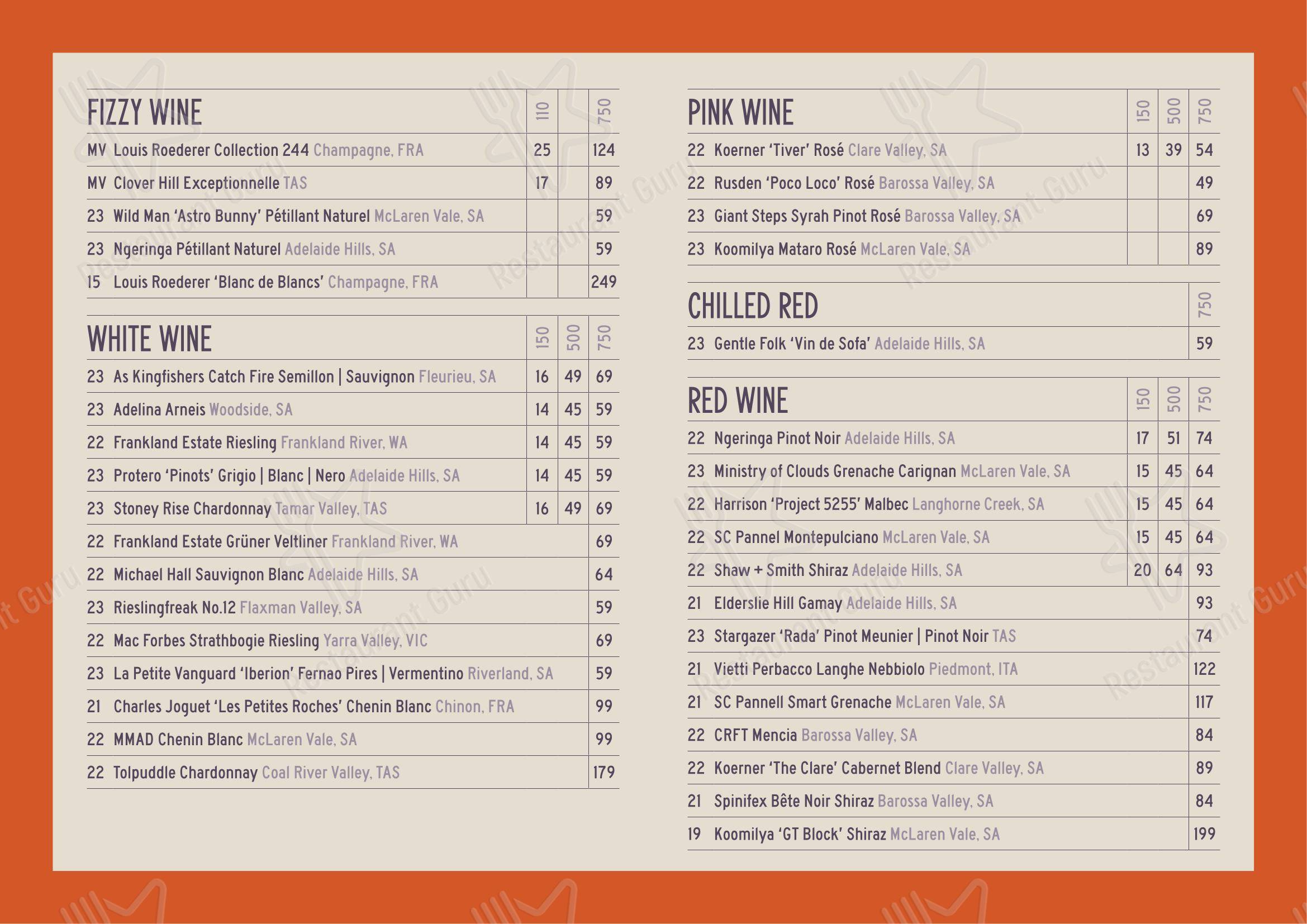 Menu at Part Time Lover restaurant, Adelaide