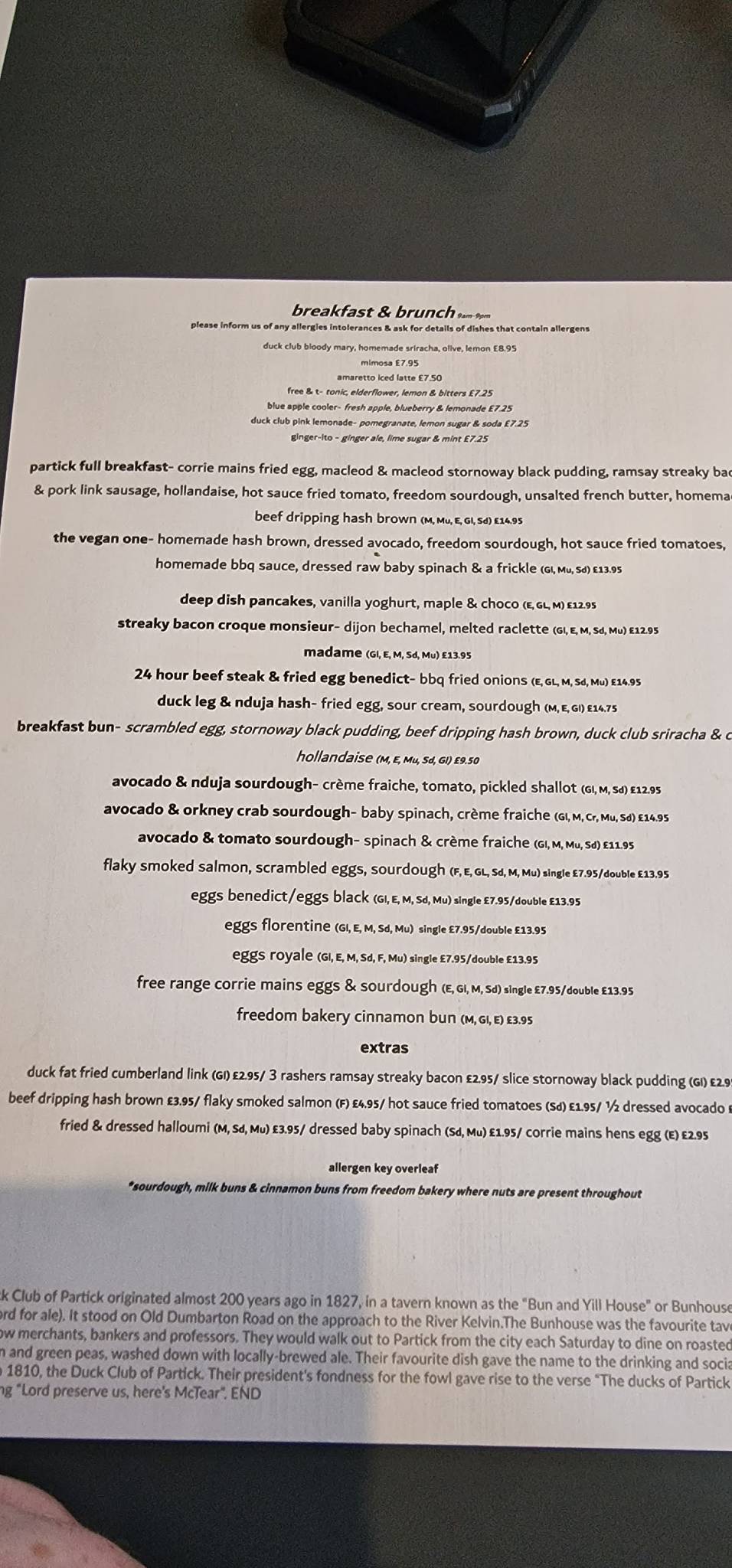 Menu at Partick Duck Club, Glasgow