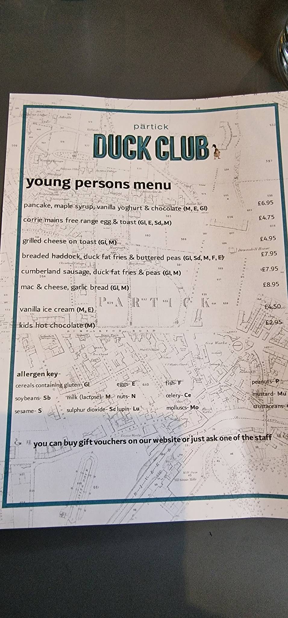 Menu at Partick Duck Club, Glasgow