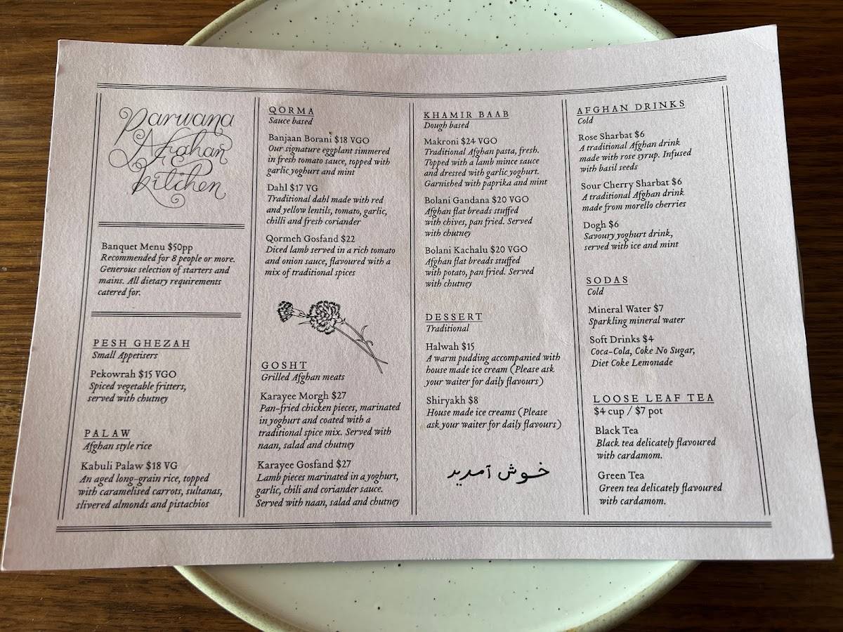 Menu at Parwana Afghan Kitchen restaurant, Torrensville