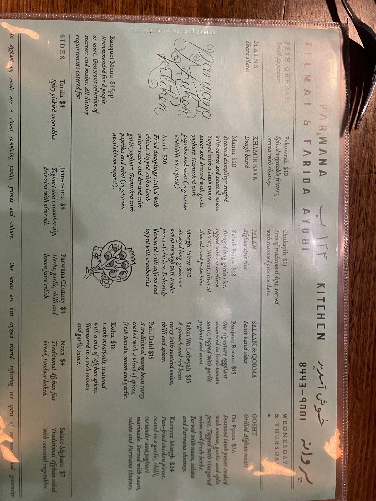 Menu at Parwana Afghan Kitchen restaurant, Torrensville