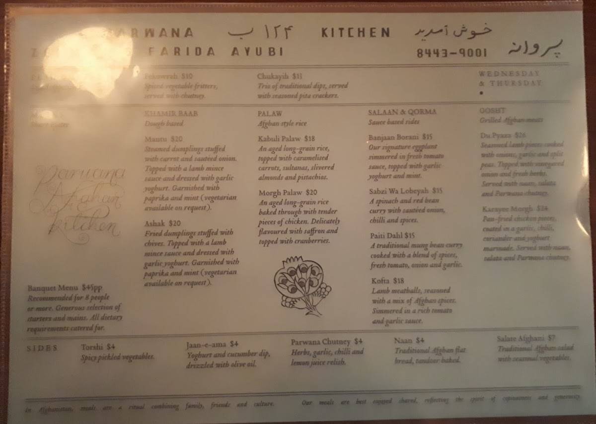 Menu at Parwana Afghan Kitchen restaurant, Torrensville