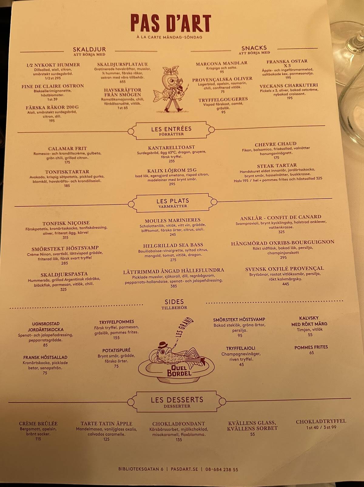 Menu at Pas D’art cafe, Stockholm