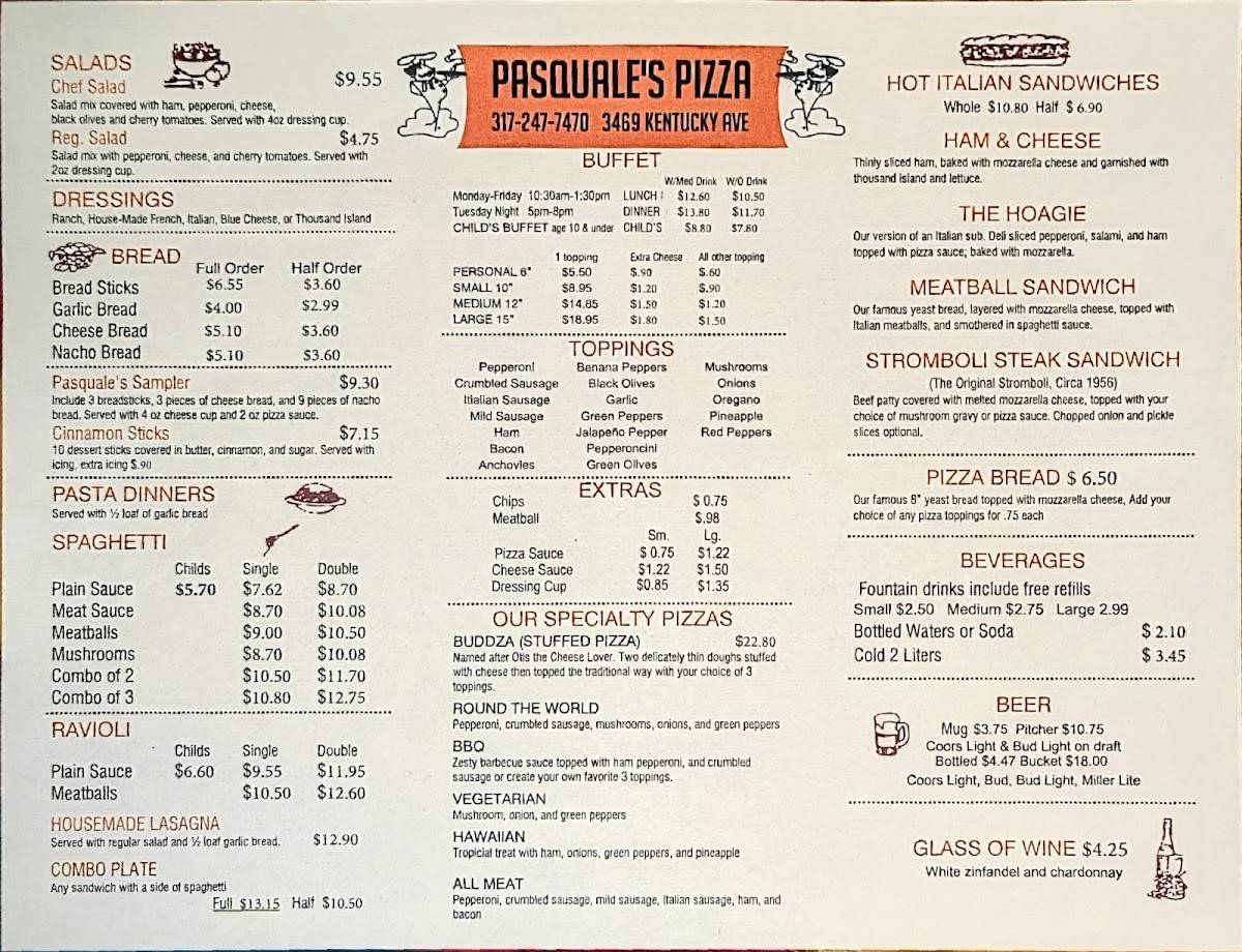 Menu at Pasquales pizzeria, Indianapolis, Kentucky Ave