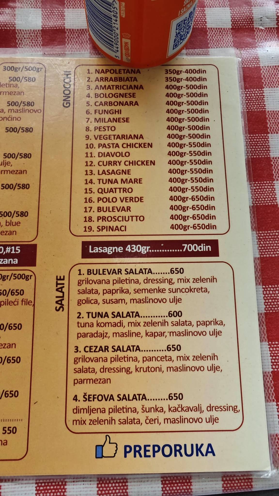 Menu at Pasta Bar Bulevar, Belgrade, Bulevar kralja Aleksandra 144