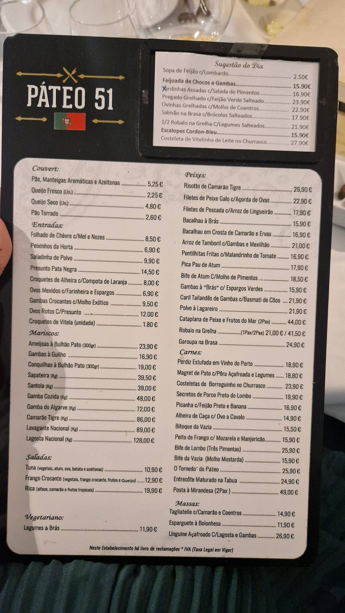 Menu at Pateo 51 restaurant, Lisbon
