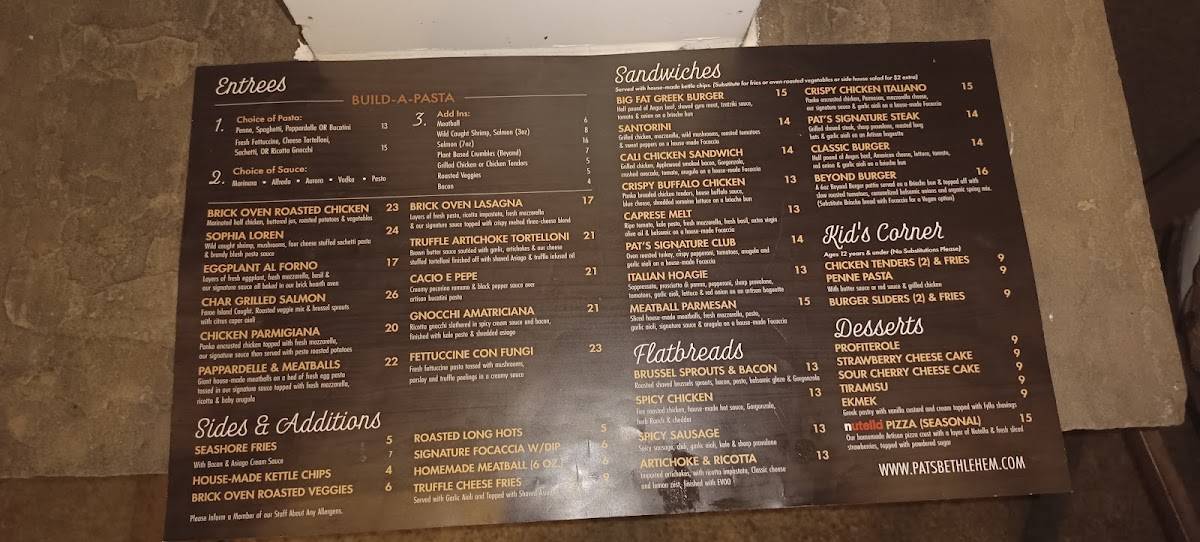 Menu at Pats Pizza & Bistro Bethlehem pizzeria, Bethlehem