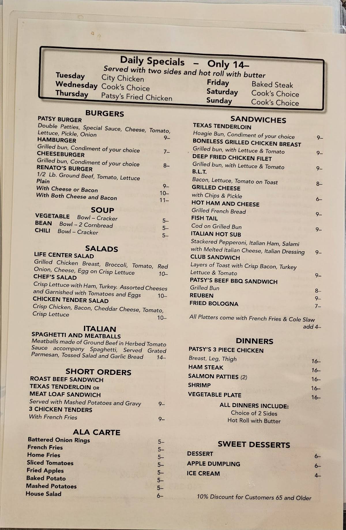 Menu at Patsy's Inn restaurant, Portsmouth