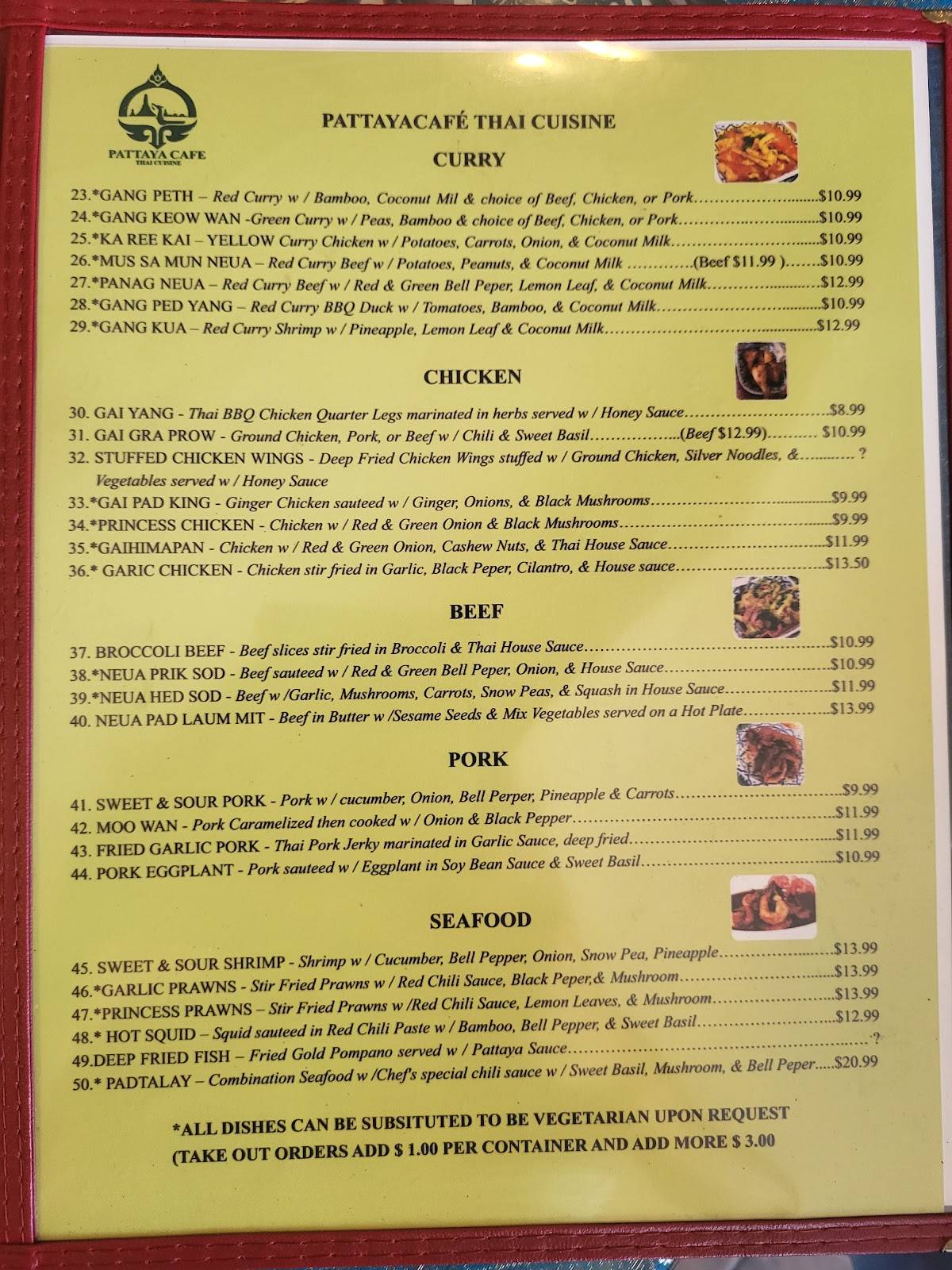 Menu at Pattaya Cafe Thai Cuisine, North Highlands