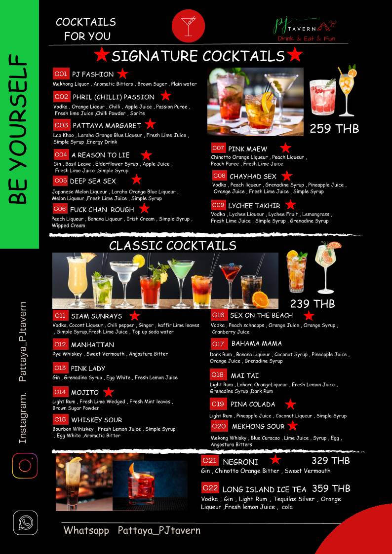 Menu at PJ Tavern Restaurant Thai food Pattaya, Pattaya City