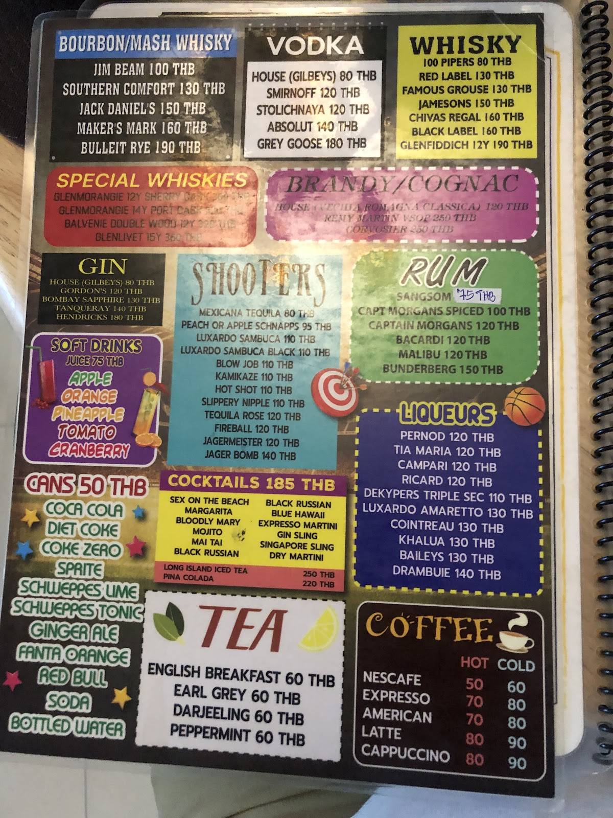 Carta del pub y bar Pattaya Sports Hub, Pattaya