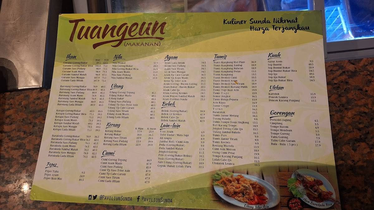 Menu at Paviliun Sunda restaurant, Bandung