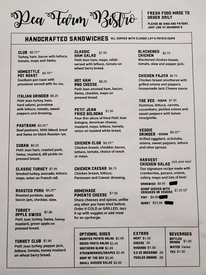 Menu at Pea Farm Bistro cafe, Cabot
