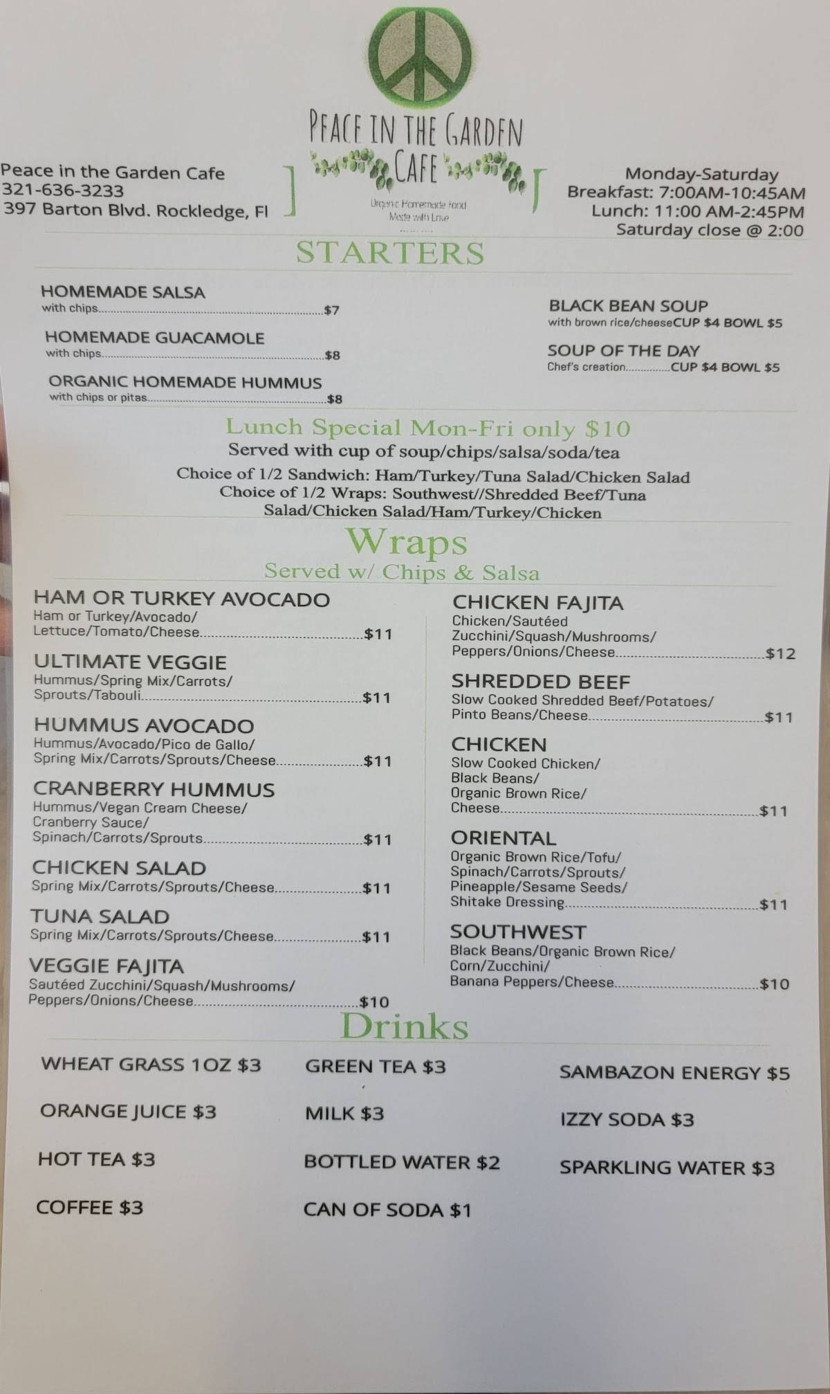 Menu at Peace In the Garden Cafe, Rockledge, 397 Barton Blvd