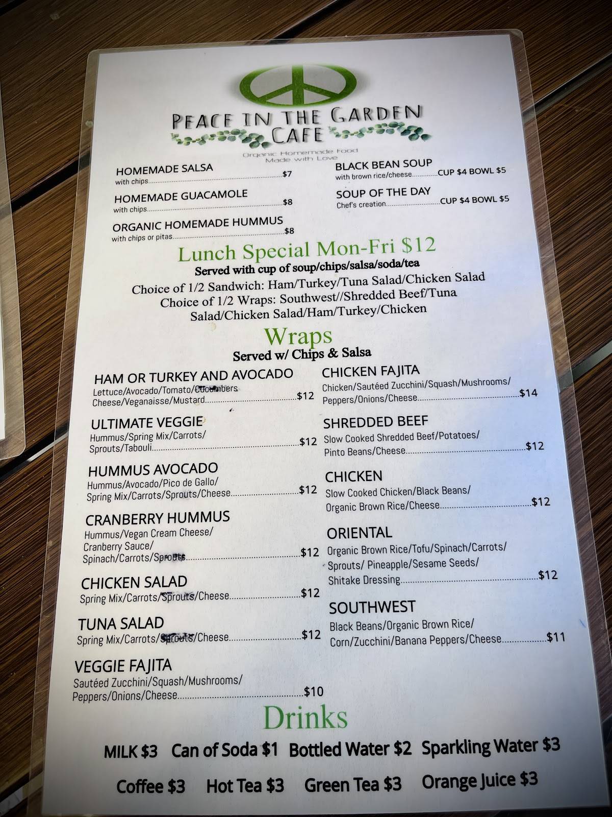 Menu at Peace In the Garden Cafe, Rockledge, 397 Barton Blvd