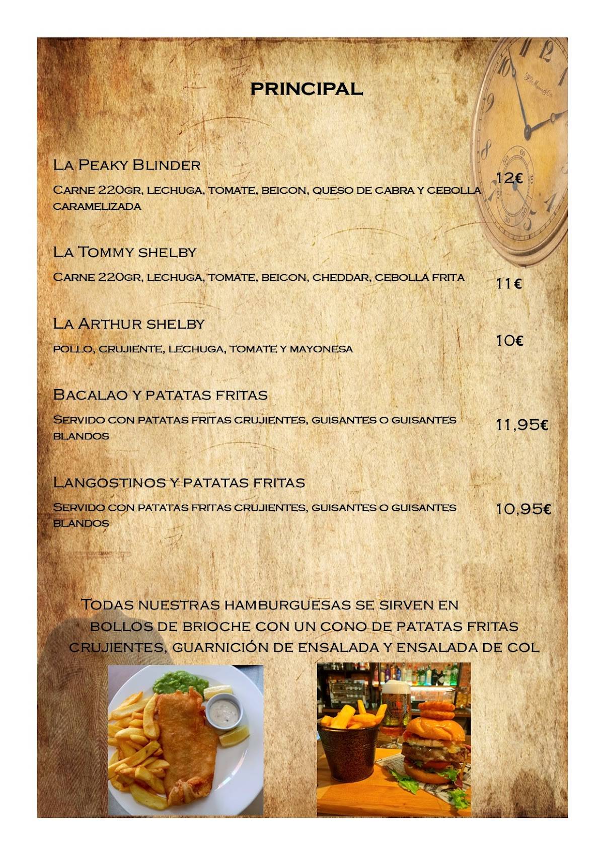 Carta del restaurante Peaky Blinders, Los Urrutias