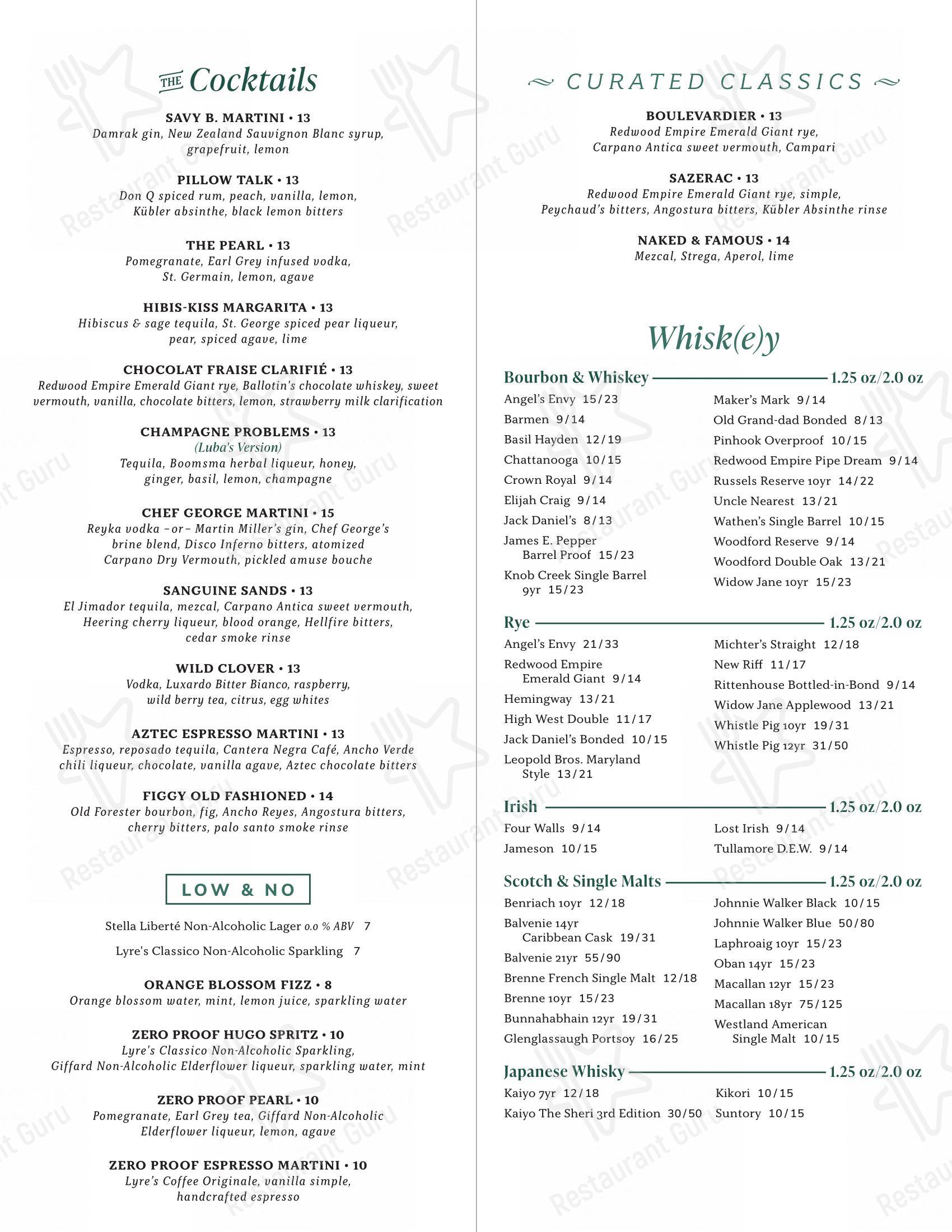 Menu at Pearl & Horn restaurant, Pensacola