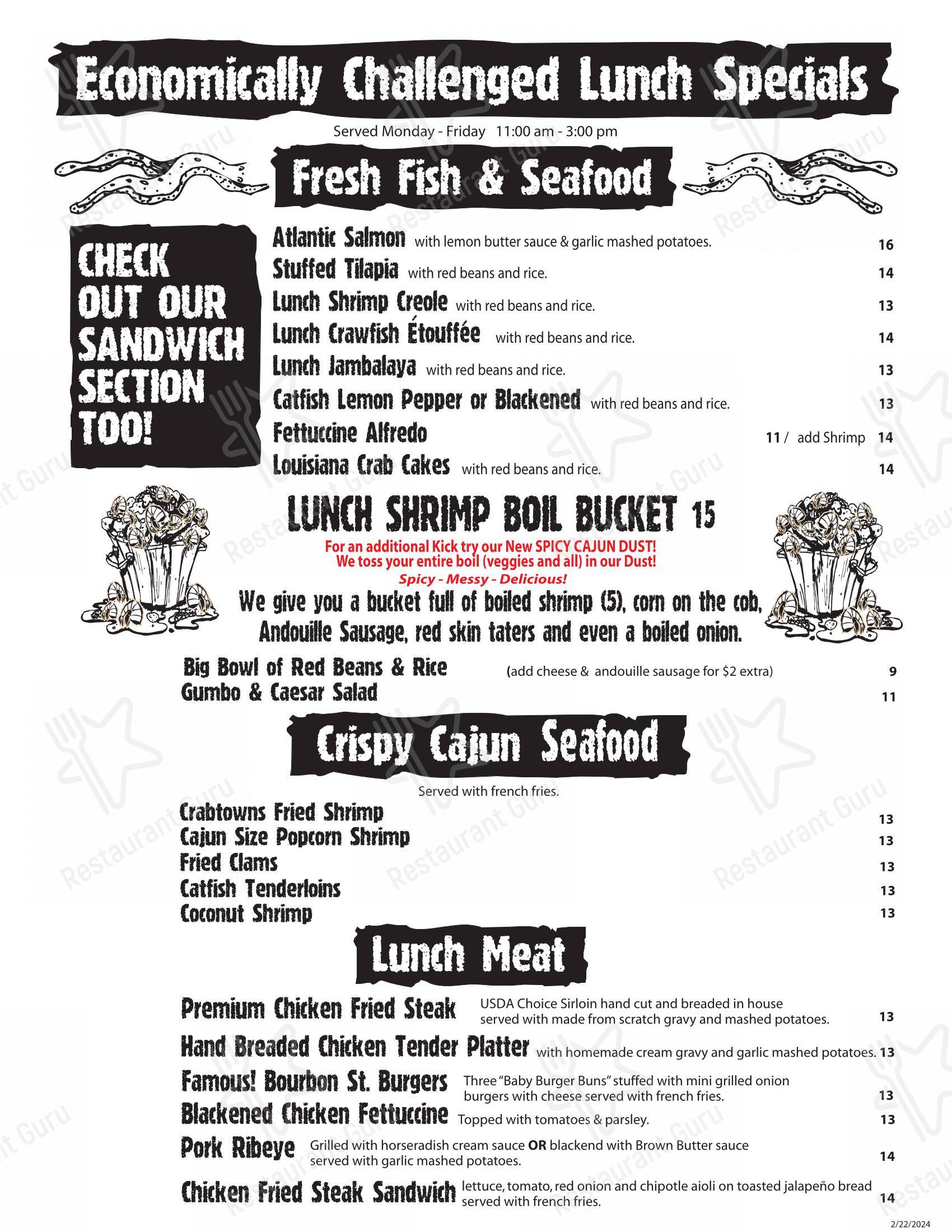 Menu at Pearl's Crabtown restaurant, Oklahoma City