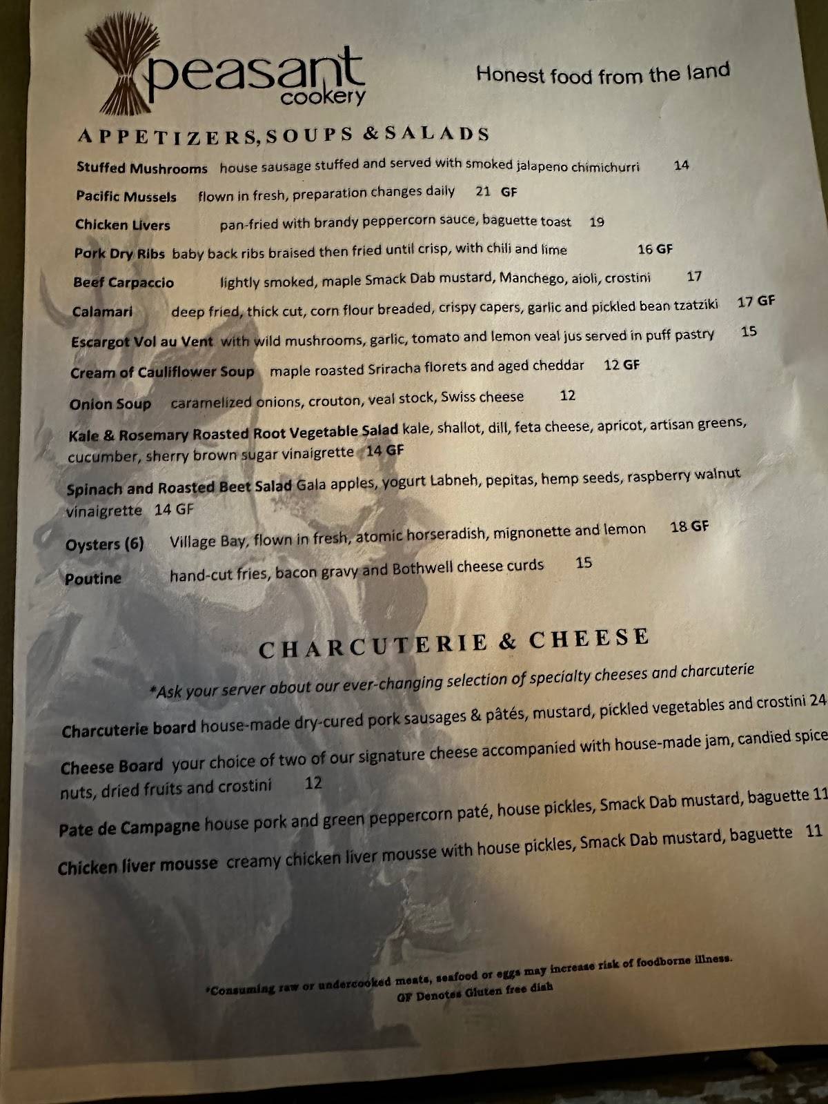 Menu at Peasant Cookery restaurant, Winnipeg