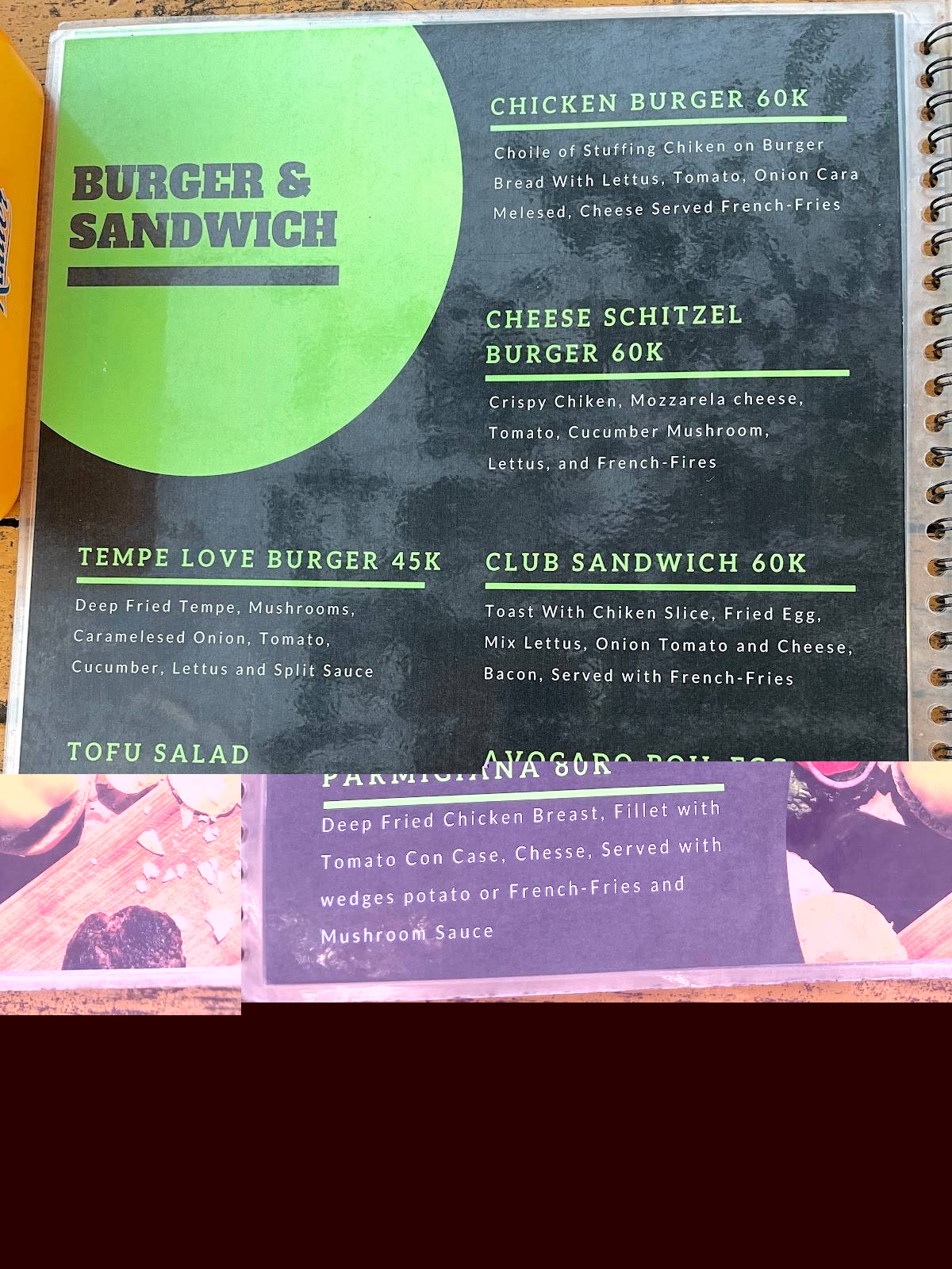 Menu at Penida Minang beach restaurant, Ped