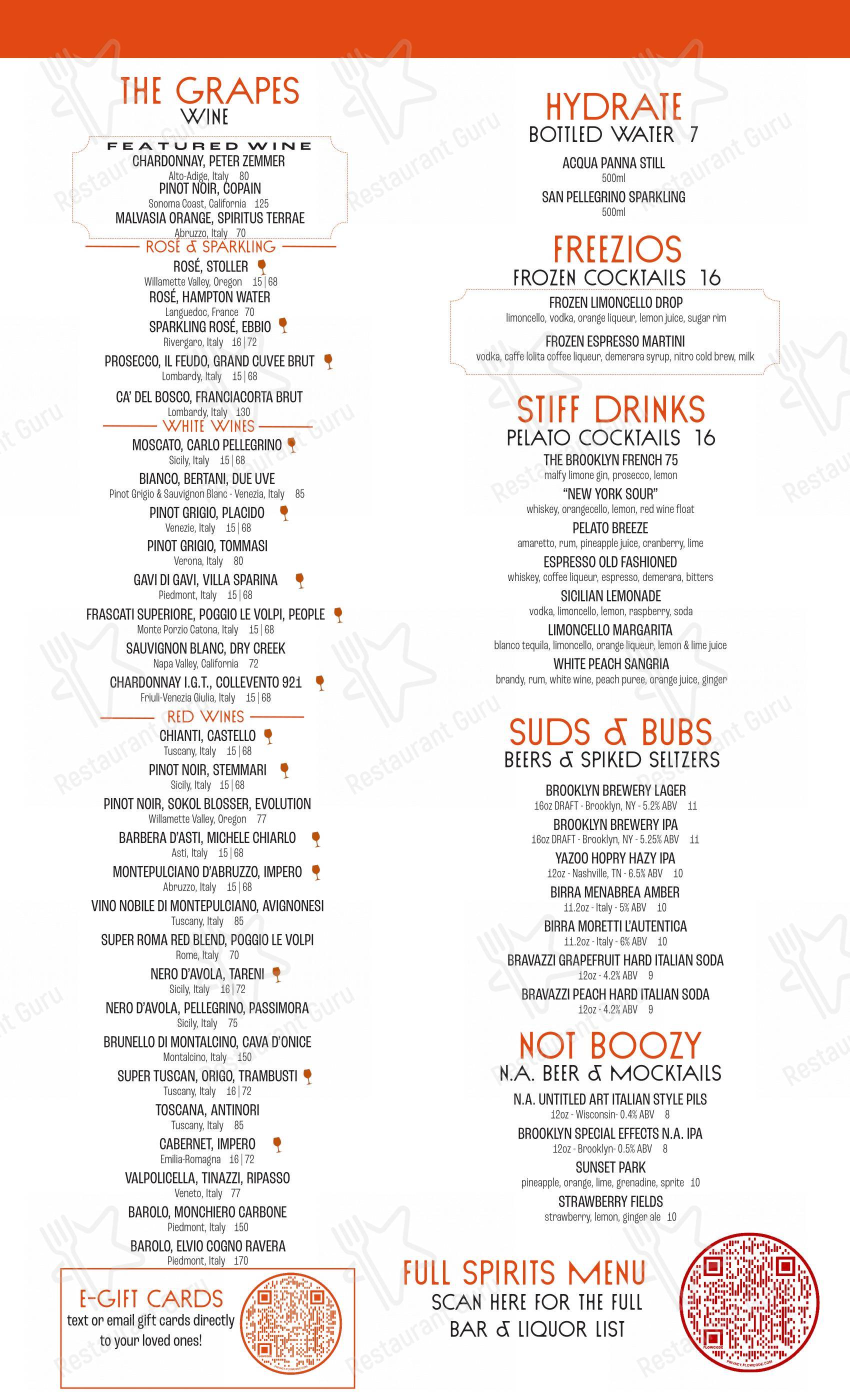 Menu at Pelato restaurant, Nashville