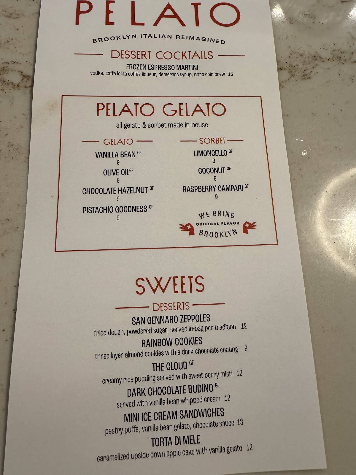 Menu at Pelato restaurant, Nashville