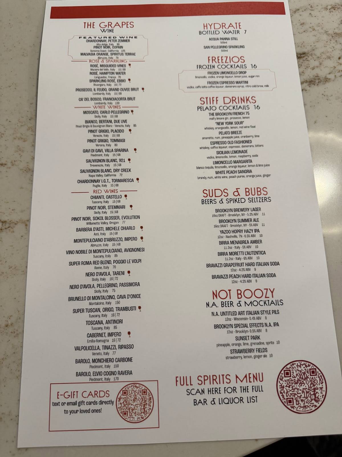 Menu at Pelato restaurant, Nashville