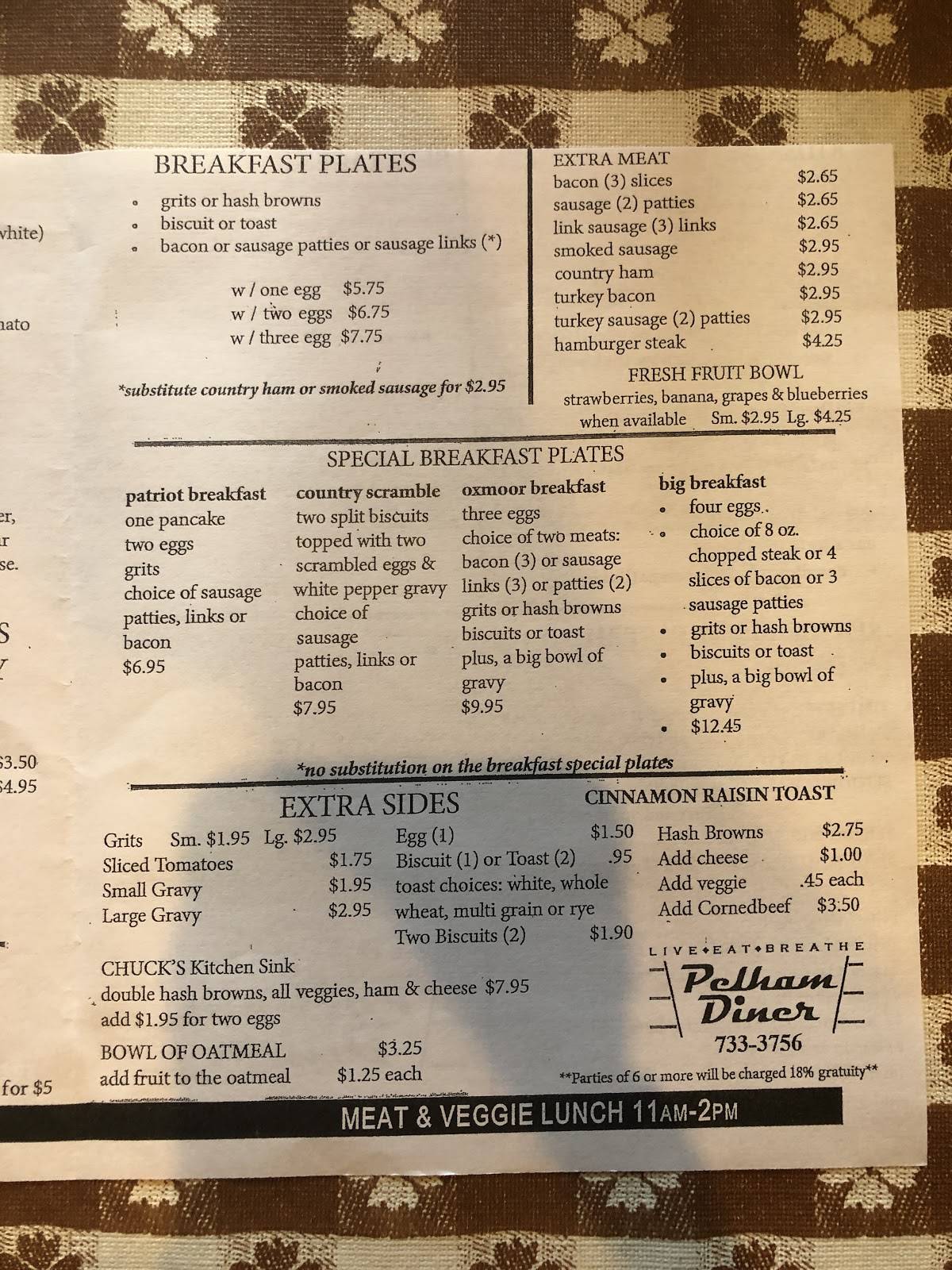 Menu at Pelham Diner restaurant, Pelham