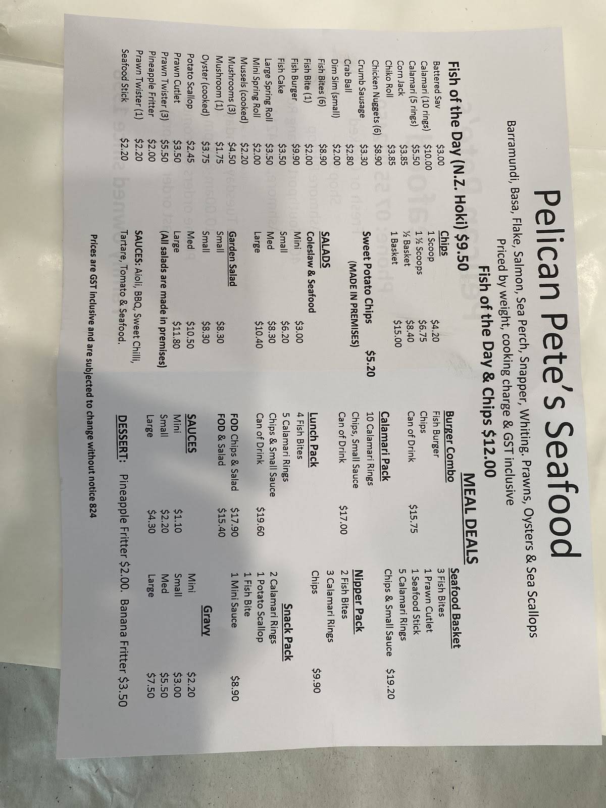 Menu at Pelican Petes Seafoods fast food, Ashmore, Pitstop Shopping Centre