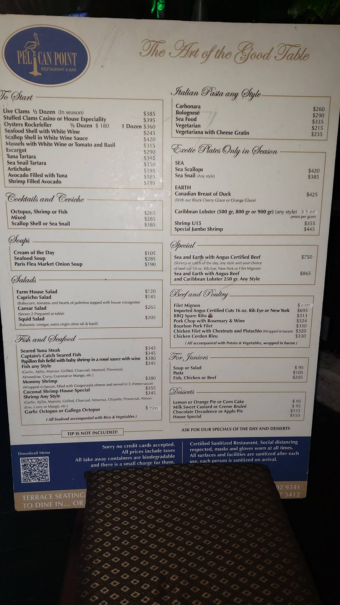 Menu at Pelican Point restaurant, Puerto Aventuras